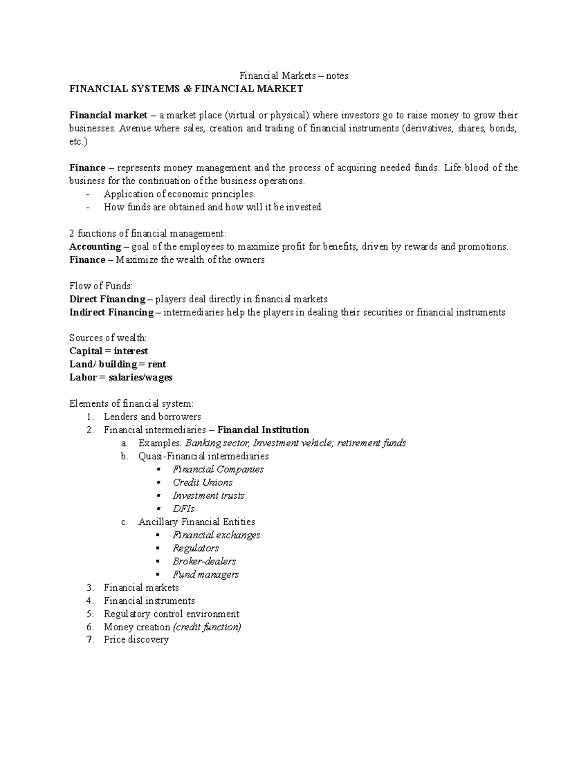 Financial Markets - Lecture Notes 1: Intro to Financial Systems - Studocu