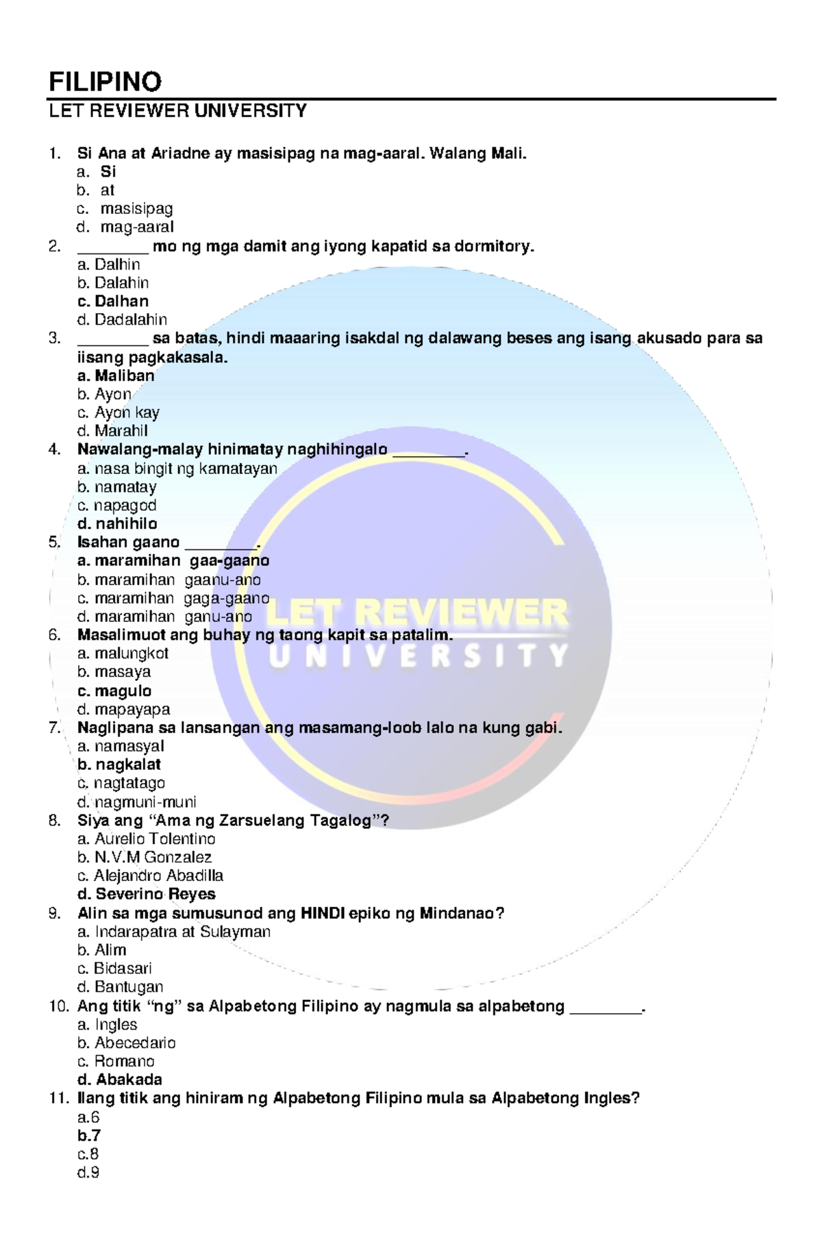 Filipino Reviewer B - FILIPINO LET REVIEWER UNIVERSITY Si Ana at ...