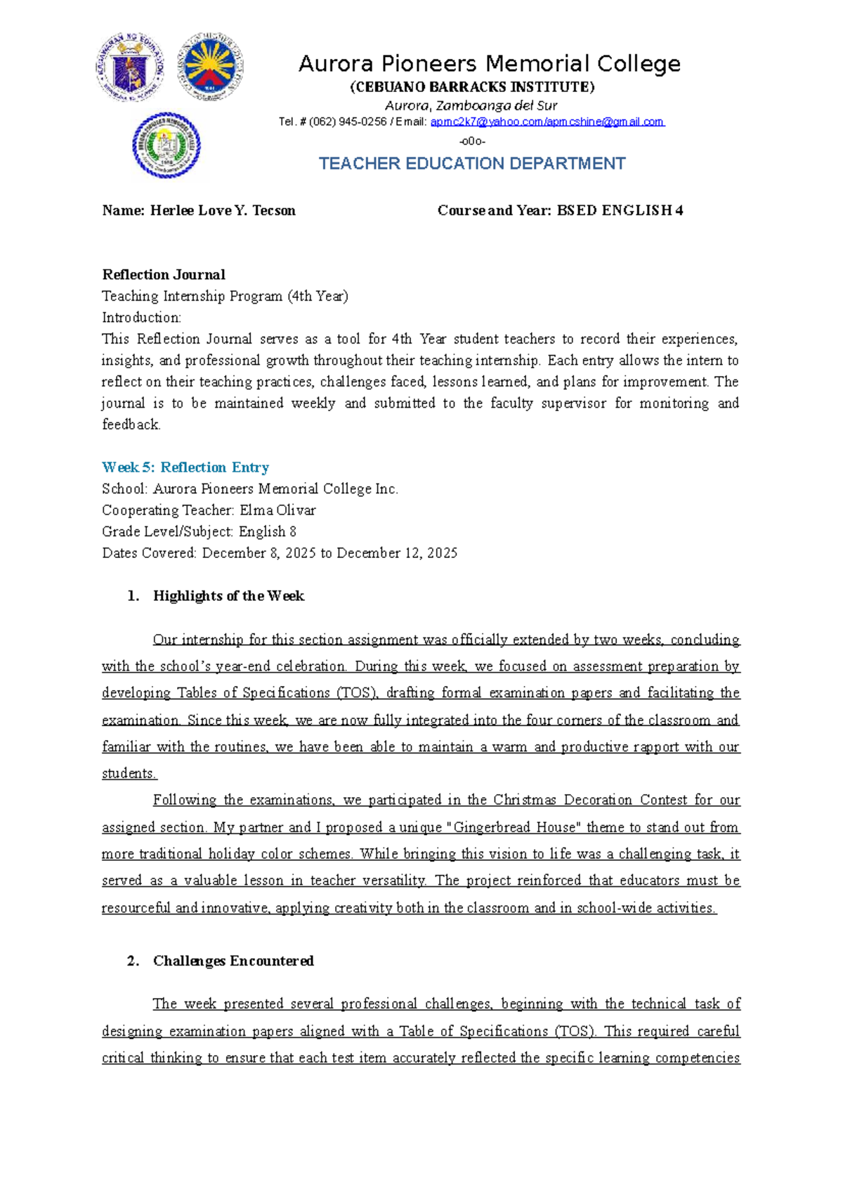 BSED ENGLISH 4 Teaching Internship Reflection Journal - Week 5 - Studocu