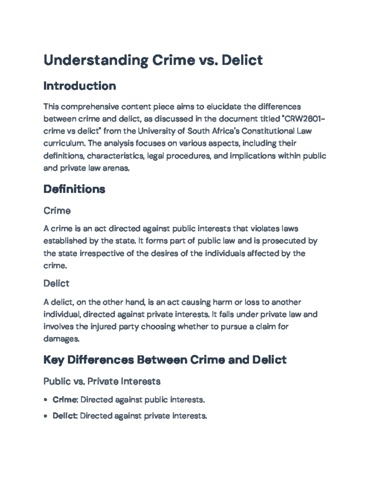 CRW2601 - Key Distinctions Between Crime and Delict Explained - Studocu