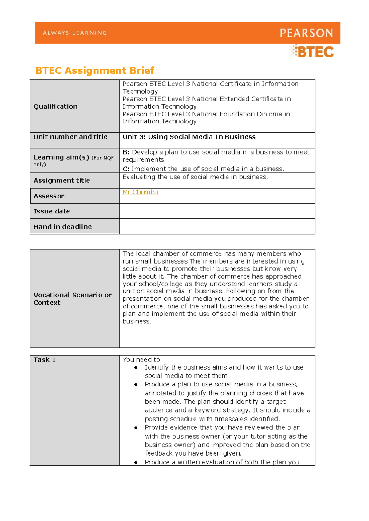 Unit 3 - BTEC Assignment Brief: Using Social Media in Business - Studocu