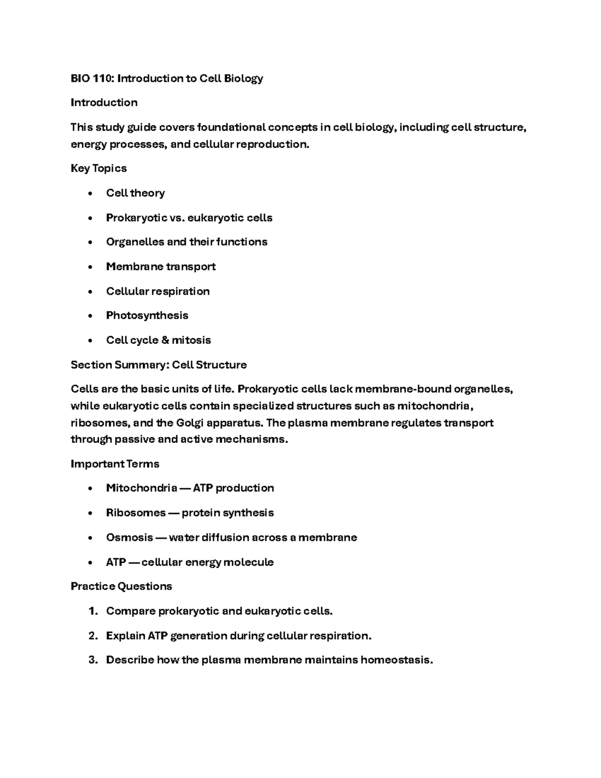 BIO 110: Cell Structure Study Guide and Practice Questions - Studocu
