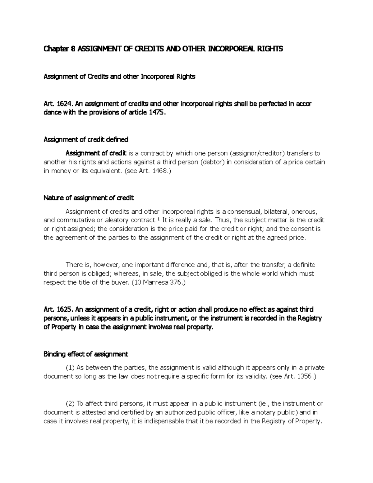 Chapter 8: Assignment of Credits & Incorporeal Rights Analysis - Studocu