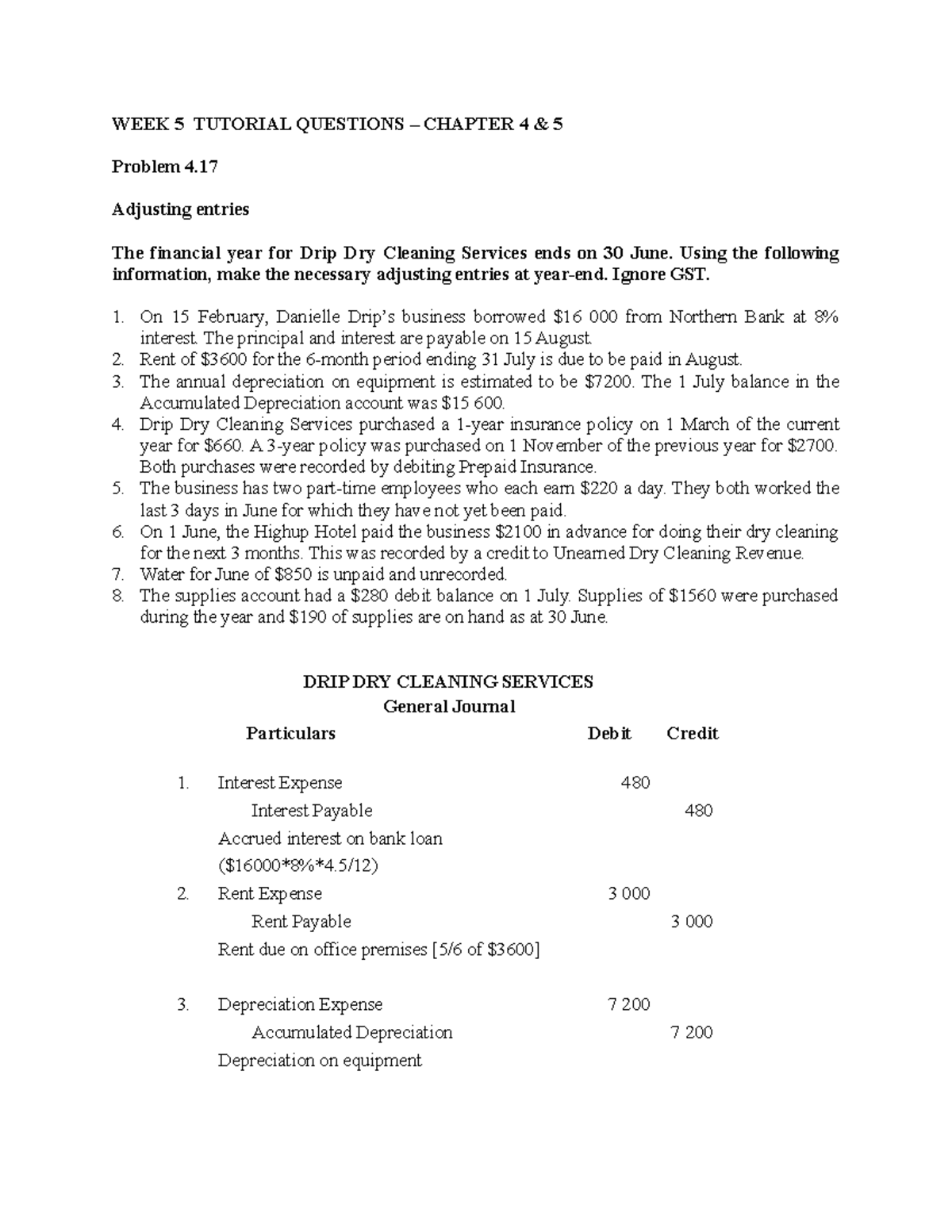 Week 5 Tutorial Solutions: Adjusting Entries for Chapters 4 & 5 - Studocu