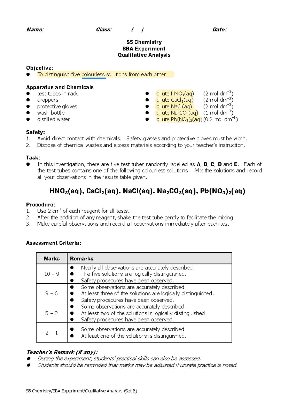 S5 Chemistry SBA: Qualitative Analysis of Colourless Solutions - Studocu
