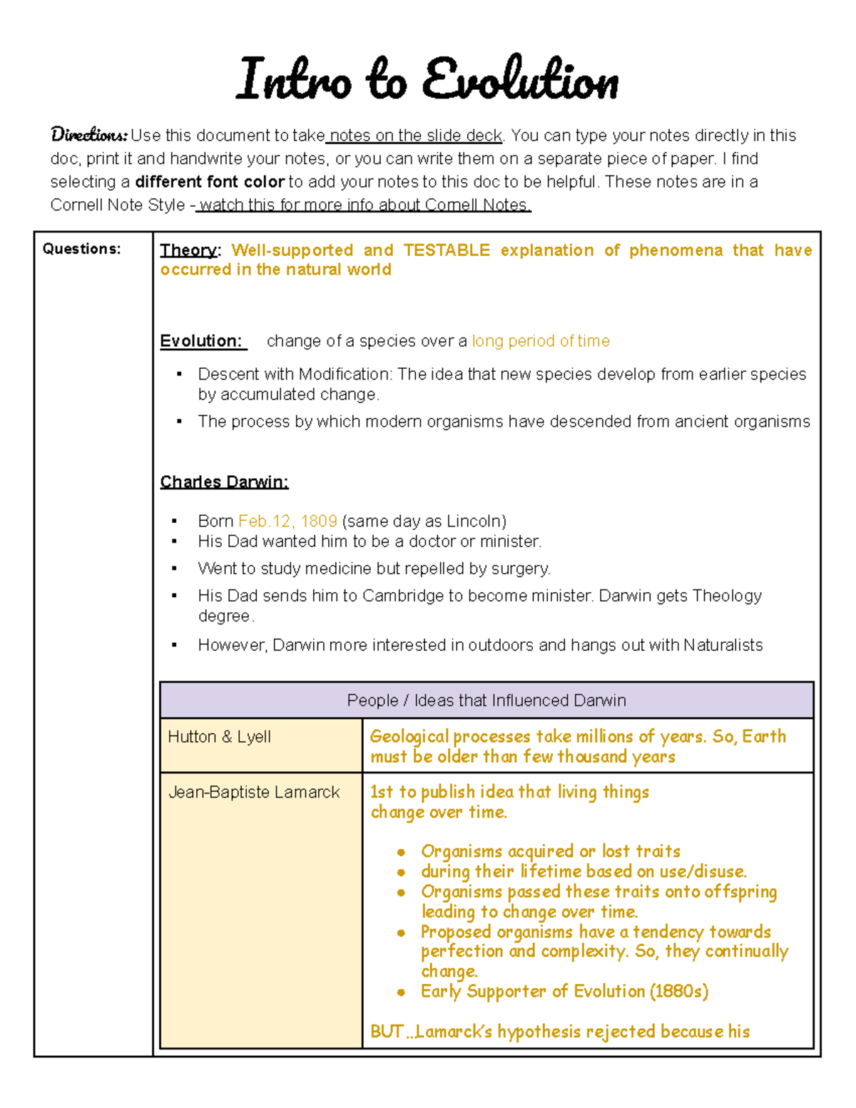 Filled Notes on Evolution (BIO 101) - Key Concepts & Theories - Studocu