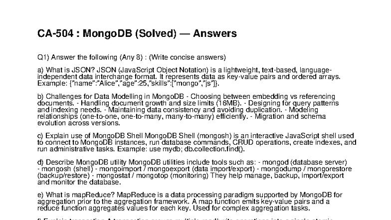 MongoDB (Solved) Exam Answers: Key Concepts & Utilities - Studocu