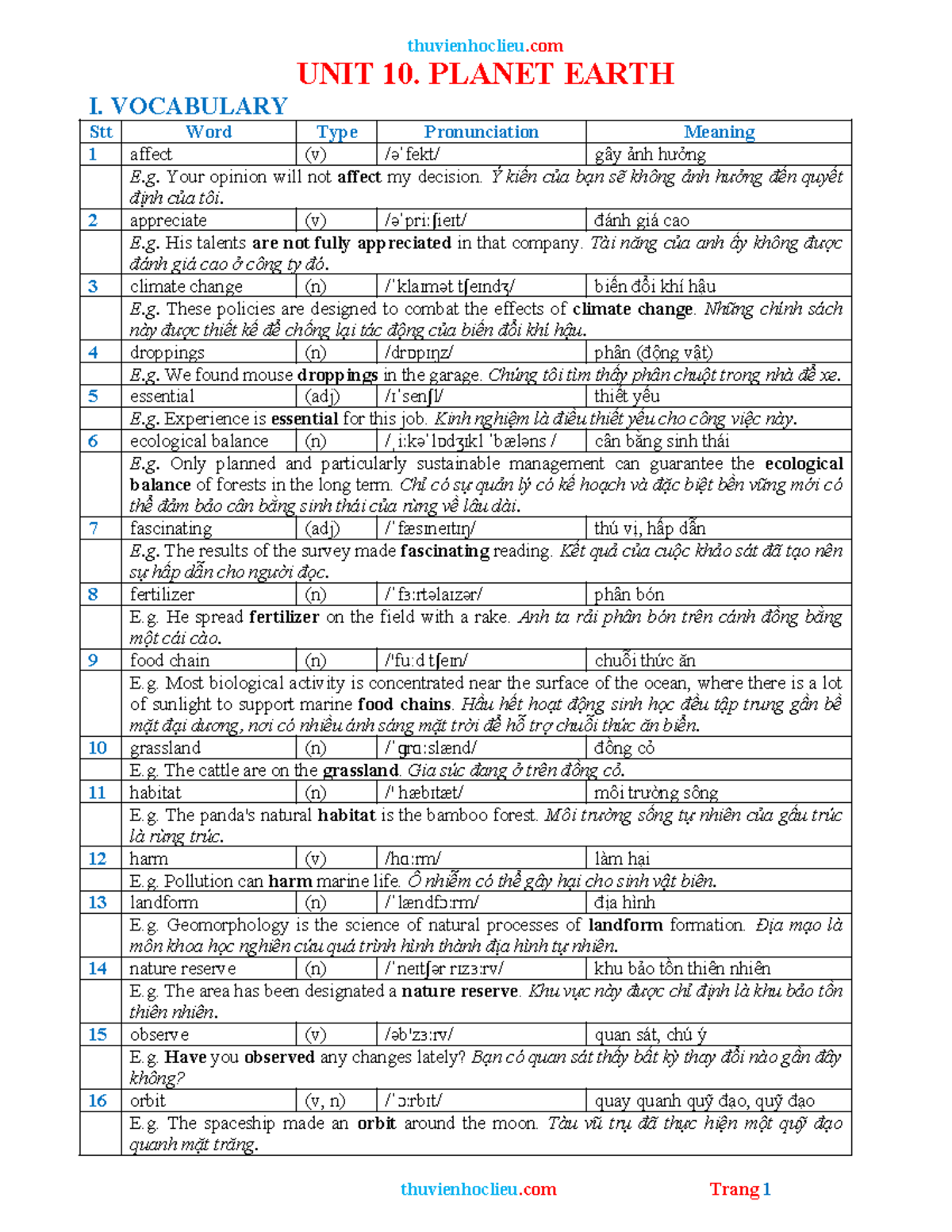 UNIT 10 - Vocabulary and Exercises on Planet Earth - Studocu