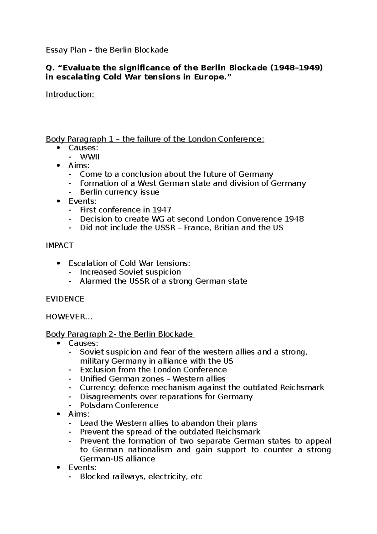 Berlin Blockade Essay Plan: Significance in Cold War Tensions - Studocu