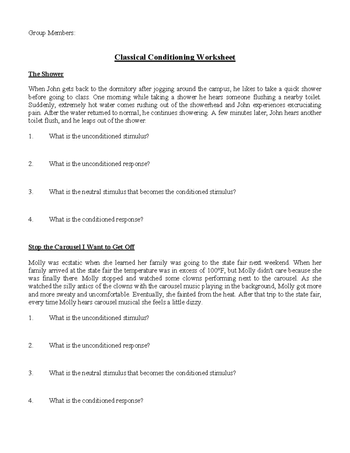 Classical Conditioning Worksheet with Answers for PSY 101 - Studocu