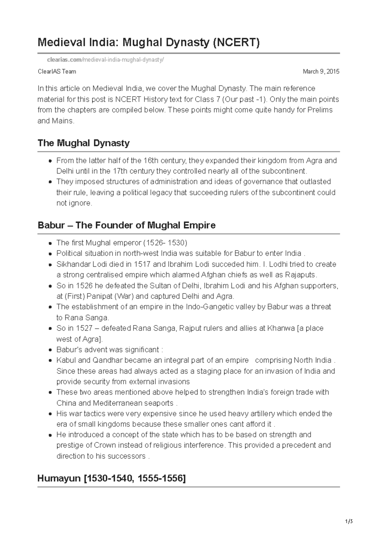 Clearias.com-Medieval India Mughal Dynasty Ncert - ClearIAS Team March 9, 2015 Medieval India ...