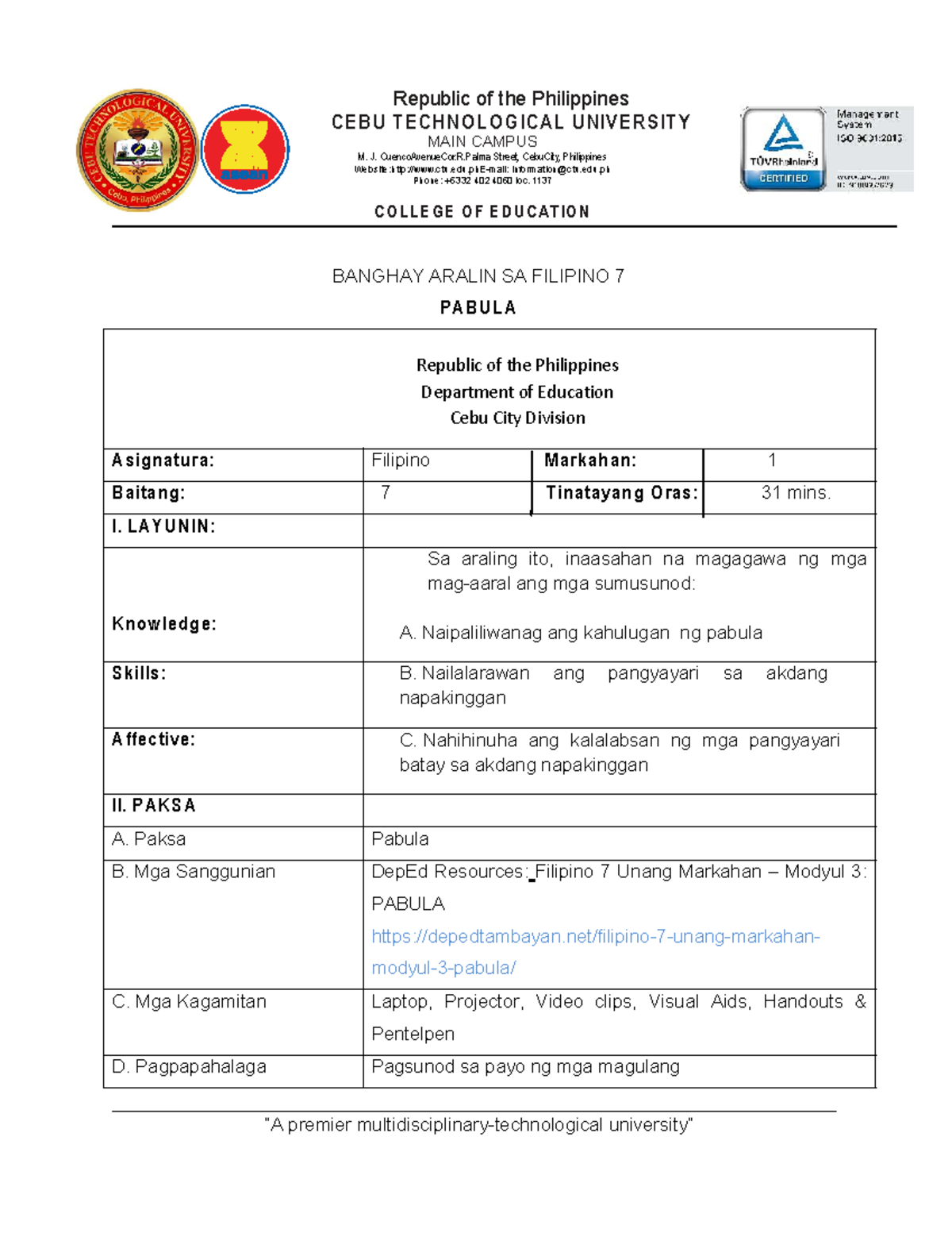 Filipino 7 Lesson Plan: Pabula Overview and Activities - Studocu