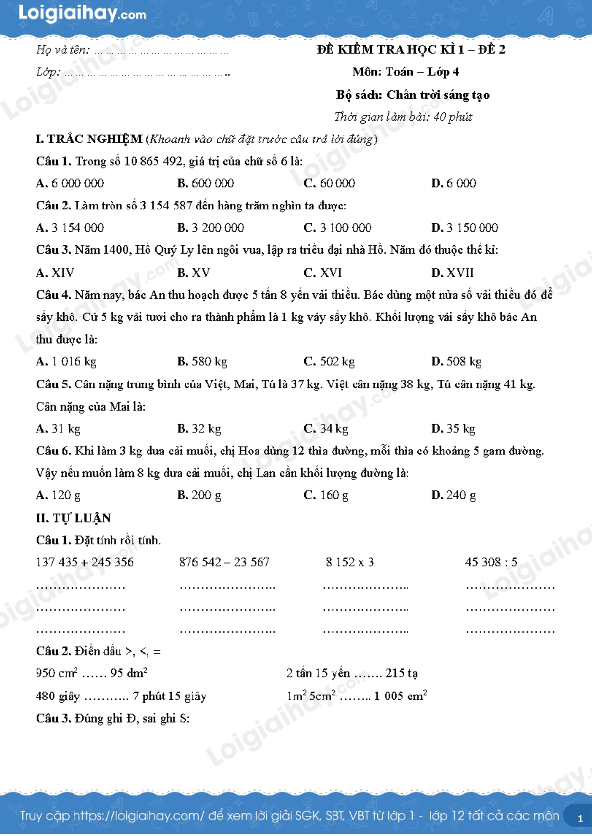Đề Kiểm Tra Học Kì 1 Toán 4 Chân Trời Sáng Tạo Đề 2 - Studocu