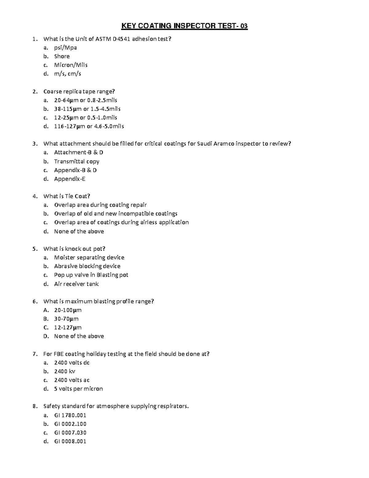 CBT Notes: Key Coating Inspector Test Study Guide - Studocu