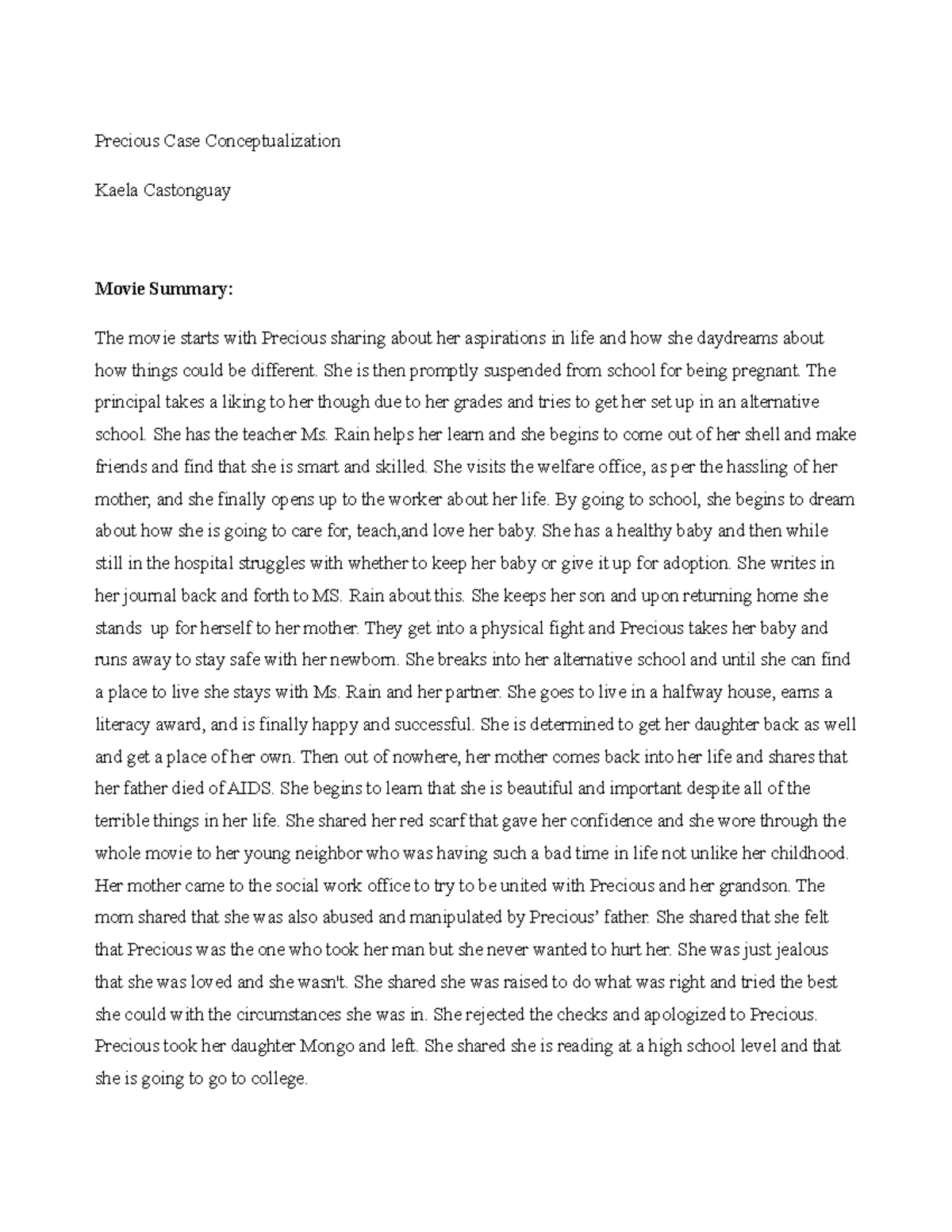 Case Conceptualization of Precious: Trauma and Recovery Insights - Studocu