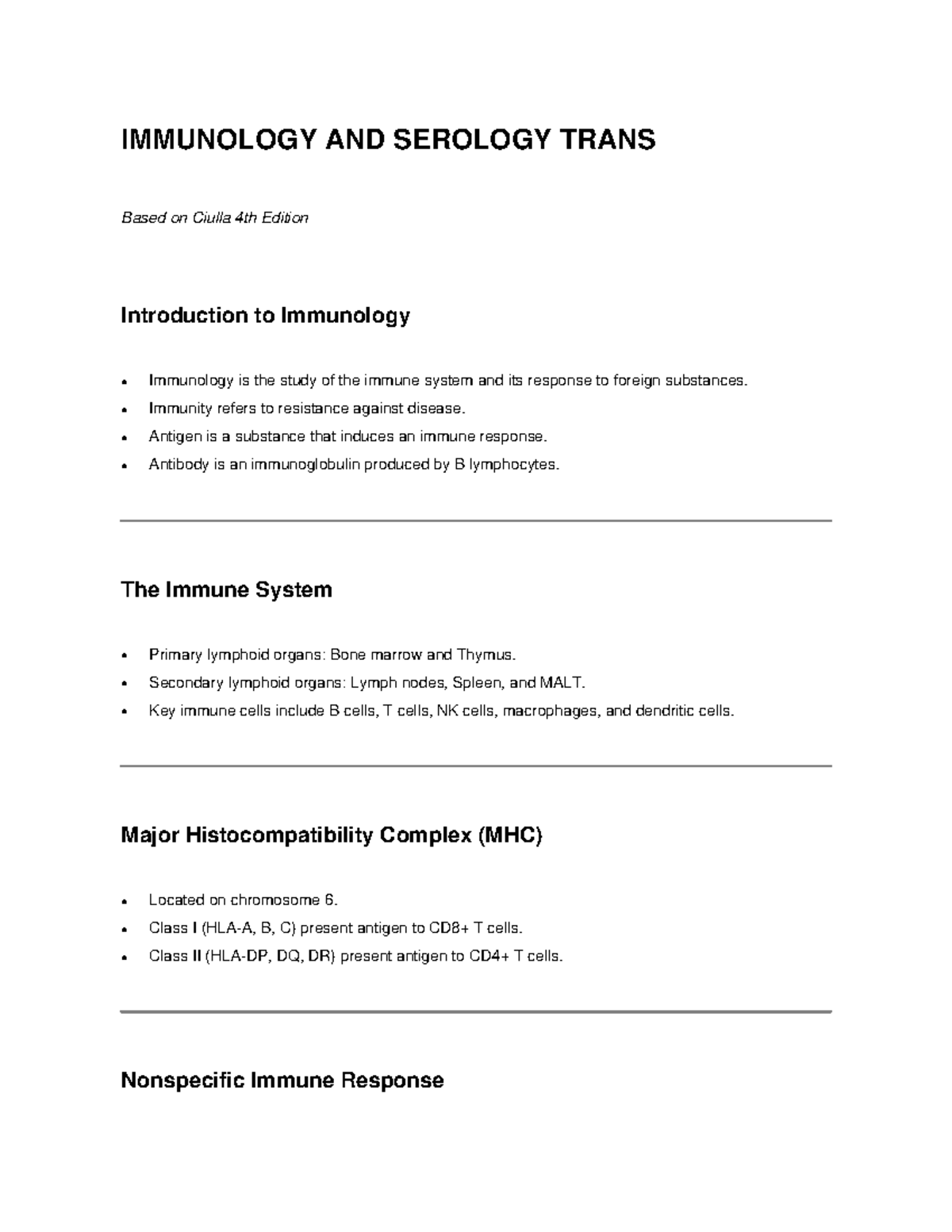 Immunology & Serology Trans - Ciulla 4th Ed Overview - Studocu