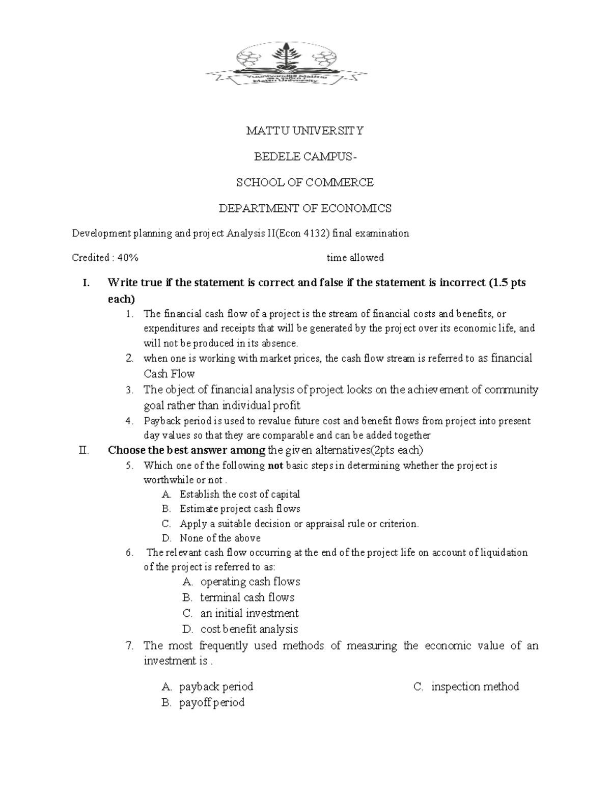 ECON 4132 - Development Planning & Project Analysis II Final Exam - Studocu