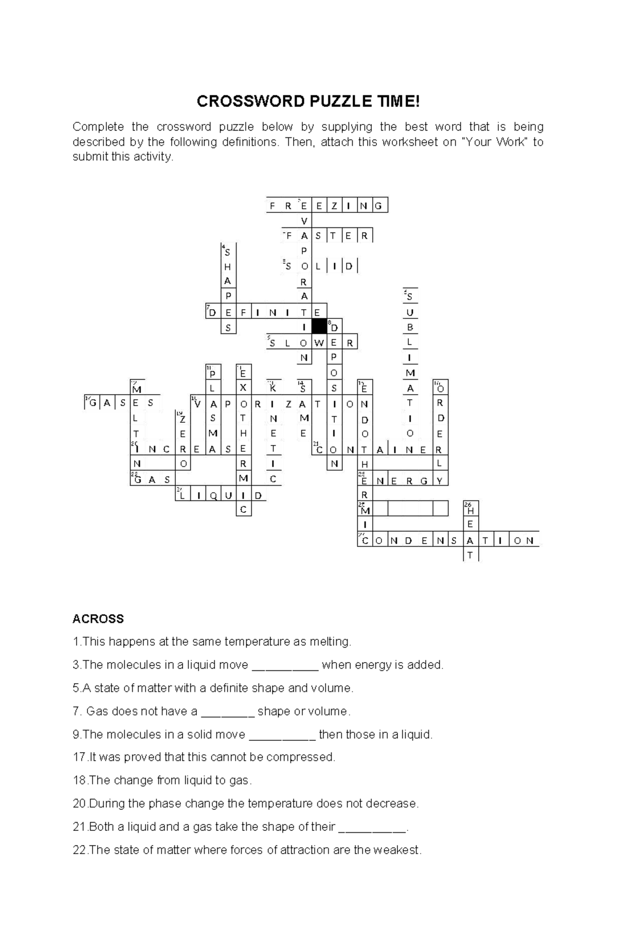CROSSWORD PUZZLE: States of Matter Definitions Worksheet - Studocu