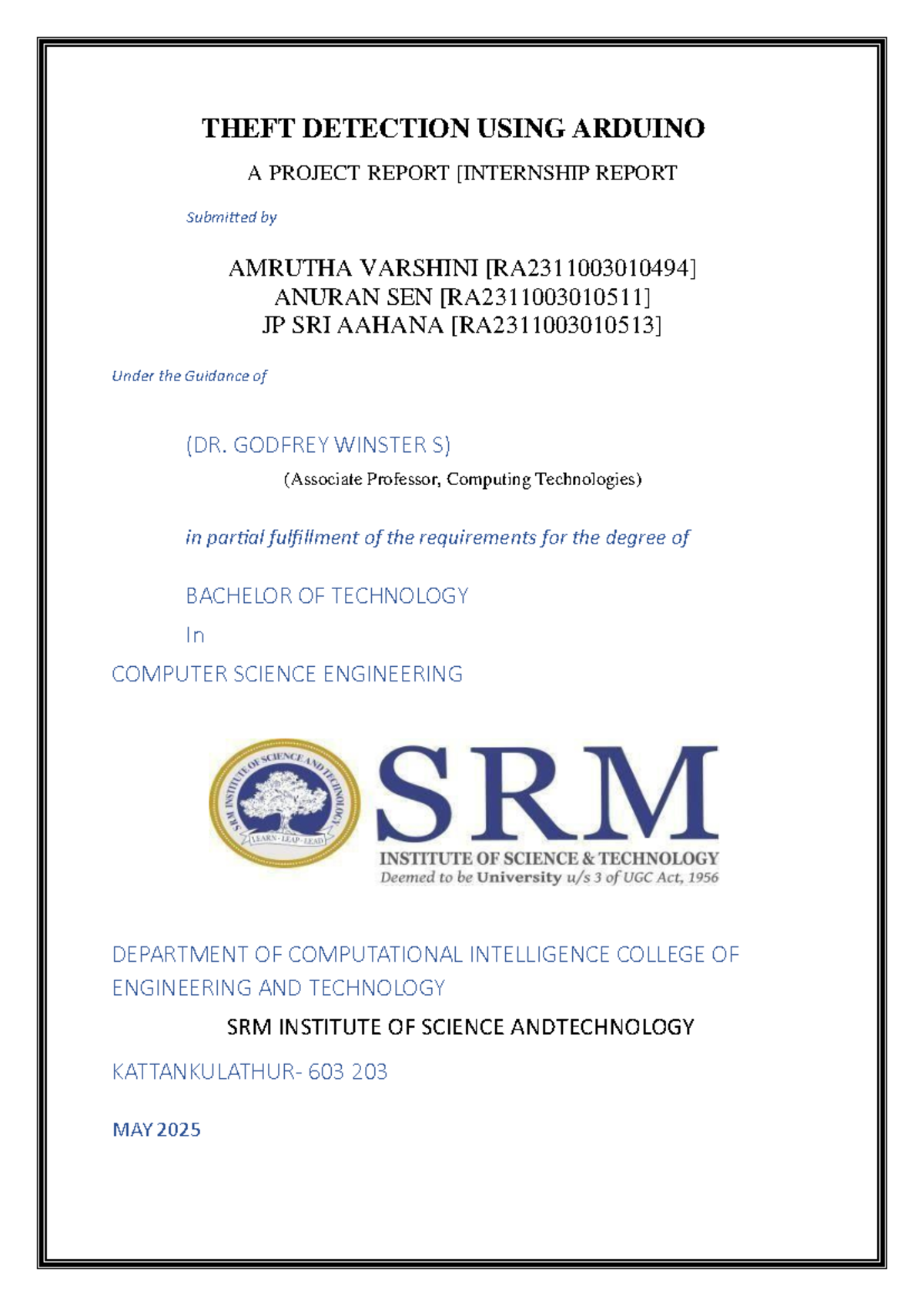 Theft Detection Using Arduino: A B.Tech Project Report - Studocu