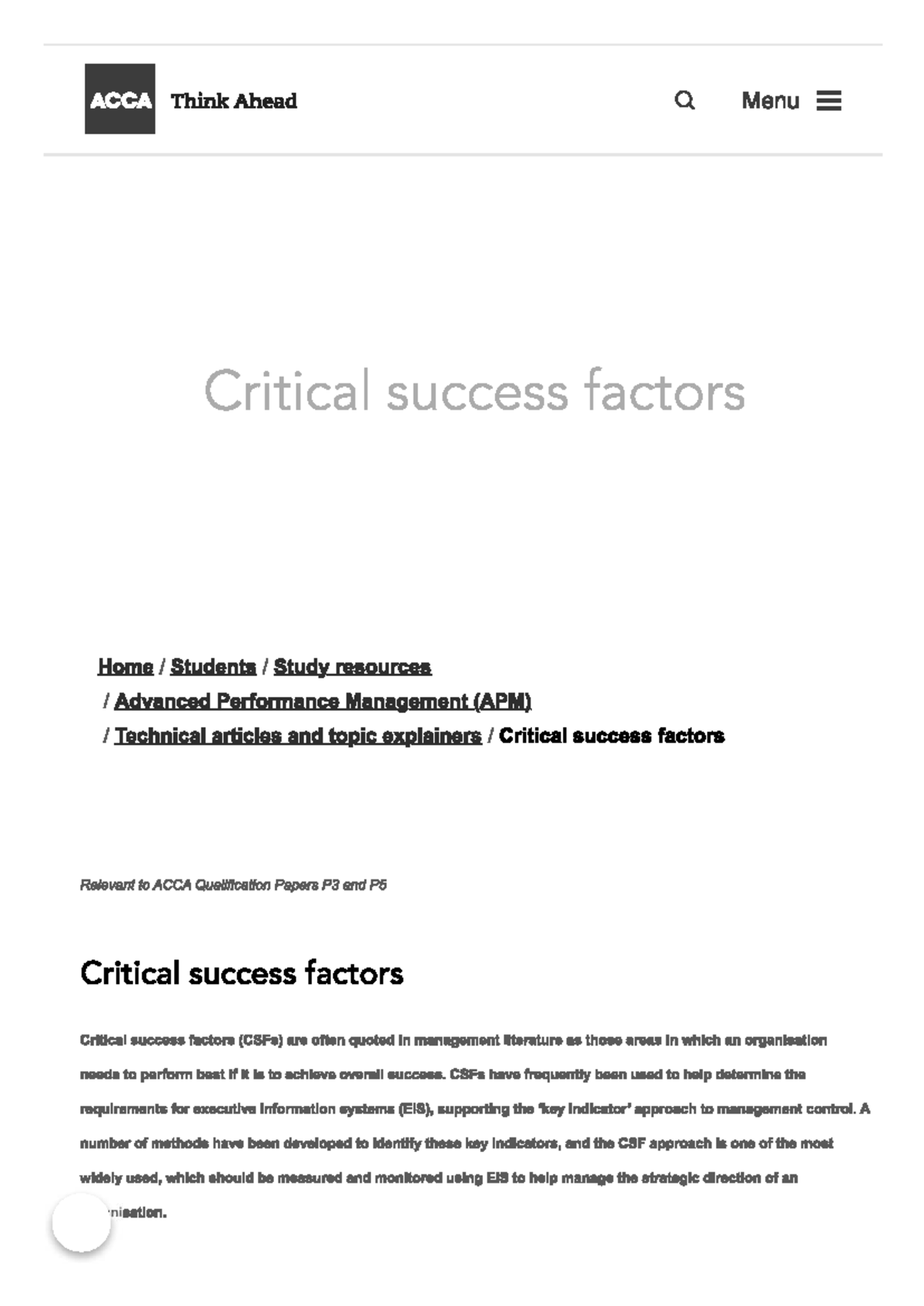 APM A2 Critical Success Factors (CSFs) for ACCA P3 & P5 - Studocu