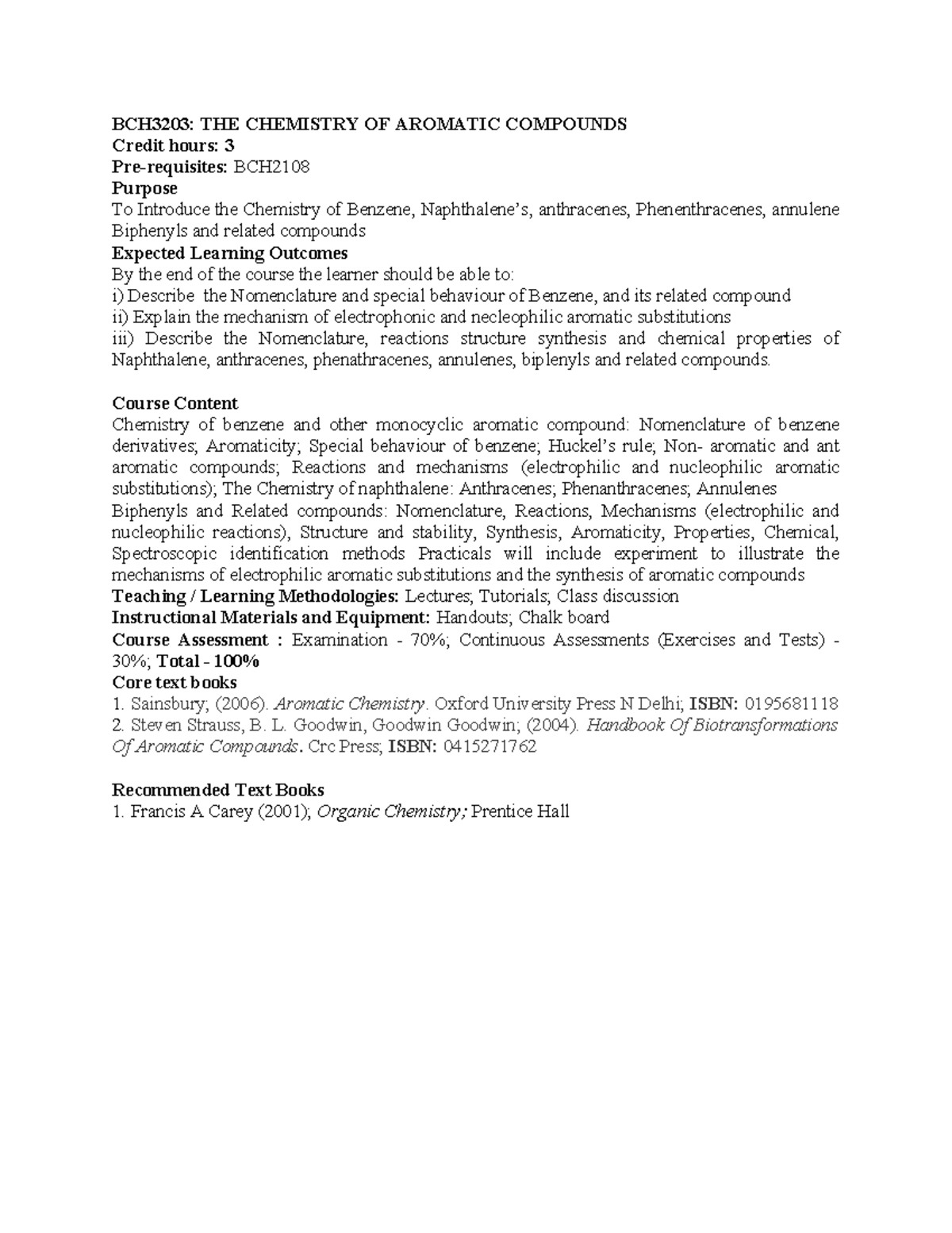 BCH3203: Chemistry of Aromatic Compounds Overview and Learning Outcomes ...