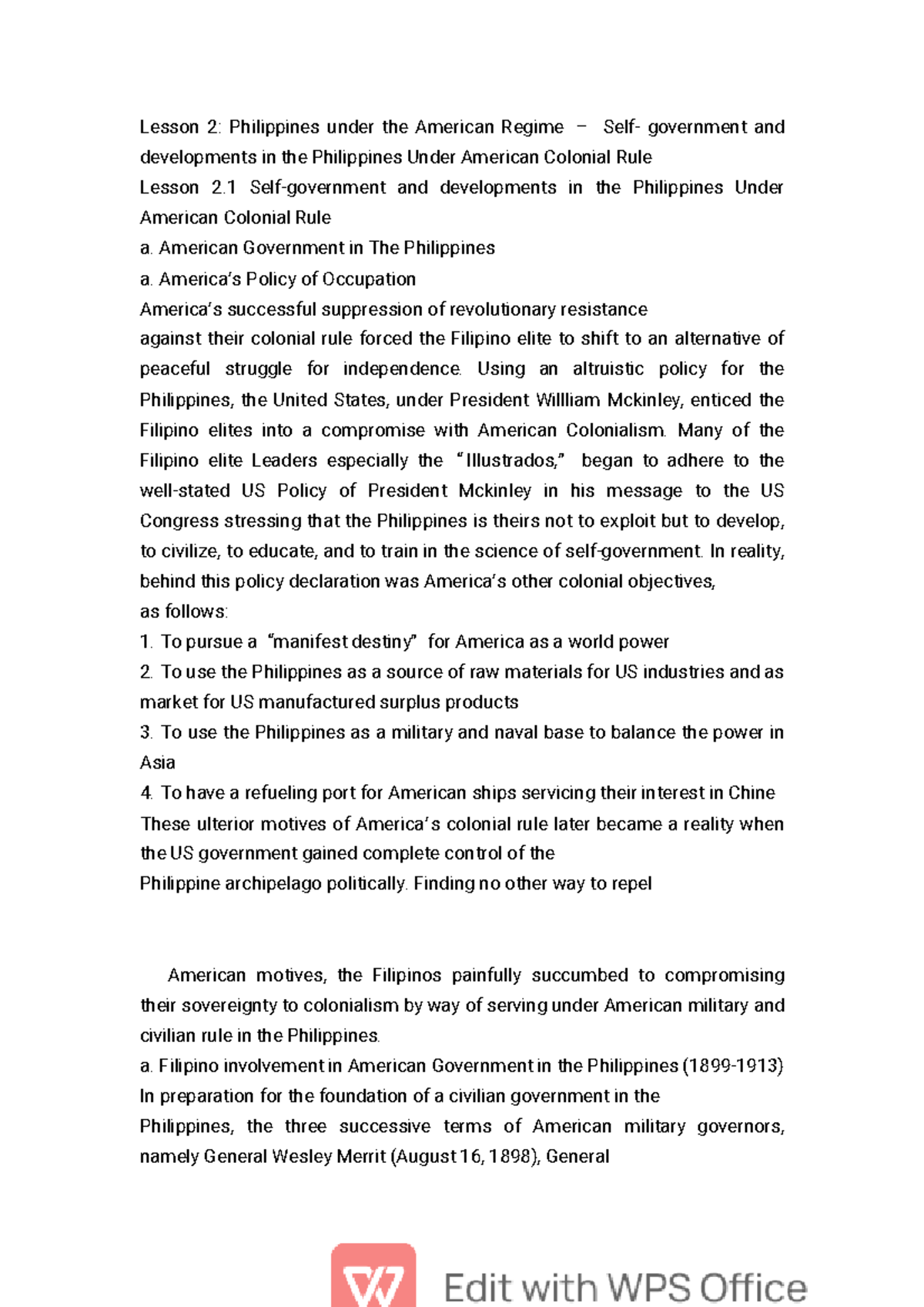 Lesson 2 and Lesson 2.1 - Lesson 2: Philippines under the American ...