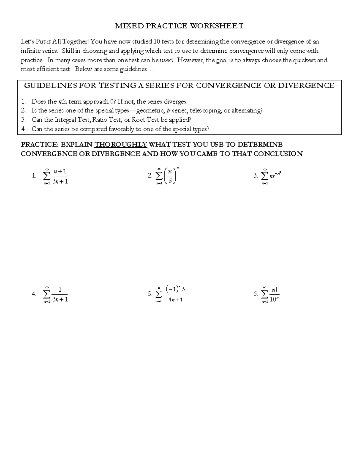 MATH 101: Mixed Series Convergence & Divergence Practice Worksheet ...