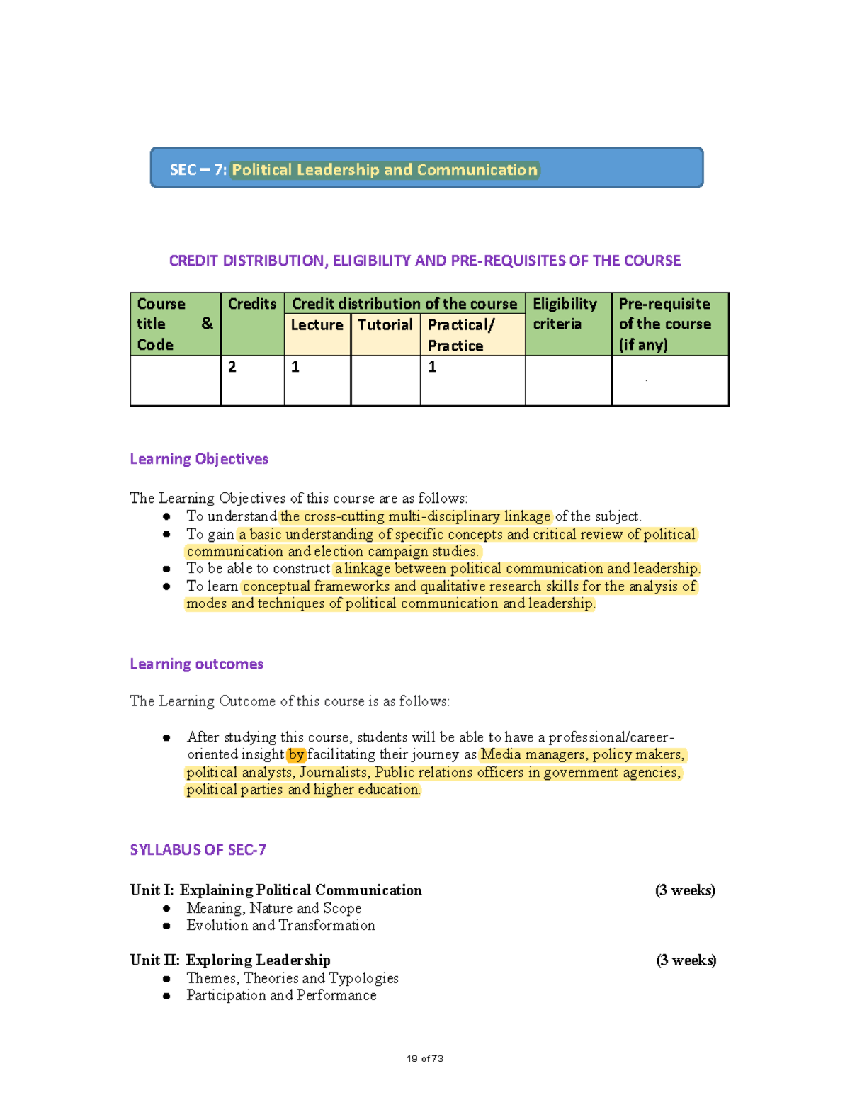 SEC 7: Syllabus for Political Leadership & Communication - Studocu