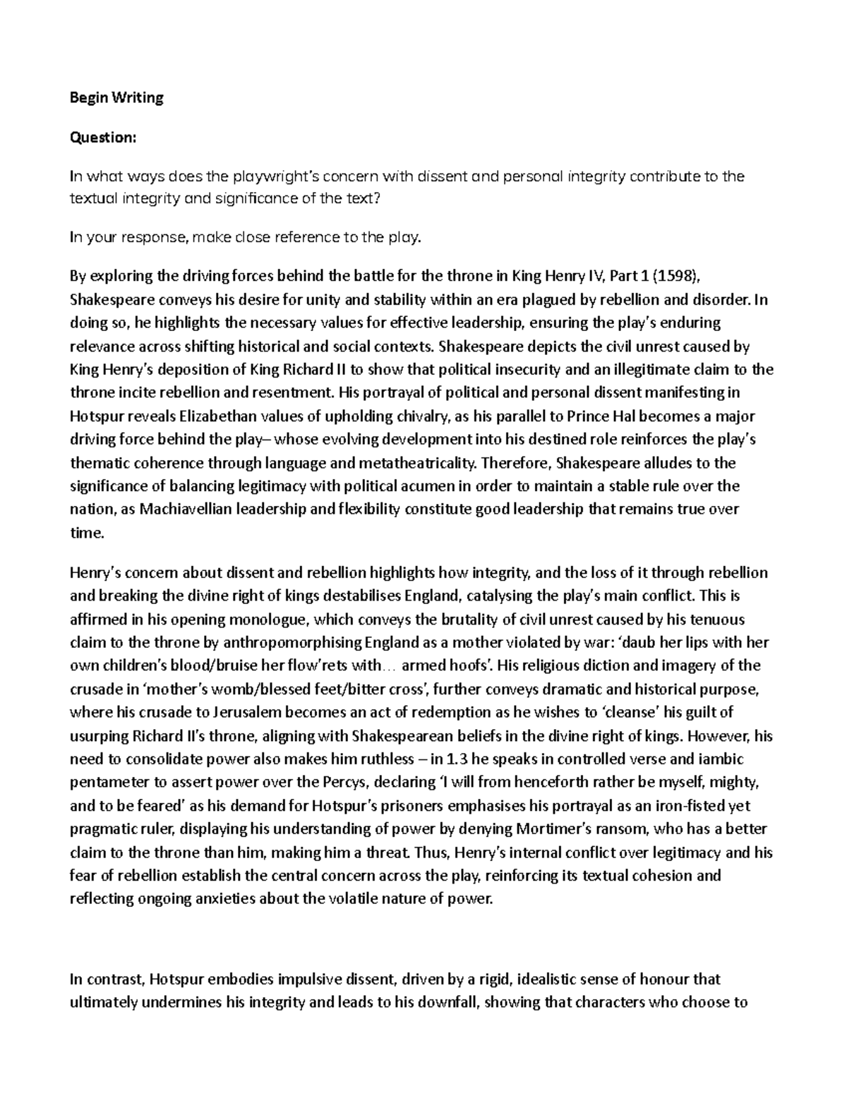 MOD B PRAC Essay: Dissent, Integrity, and Leadership in King Henry IV ...