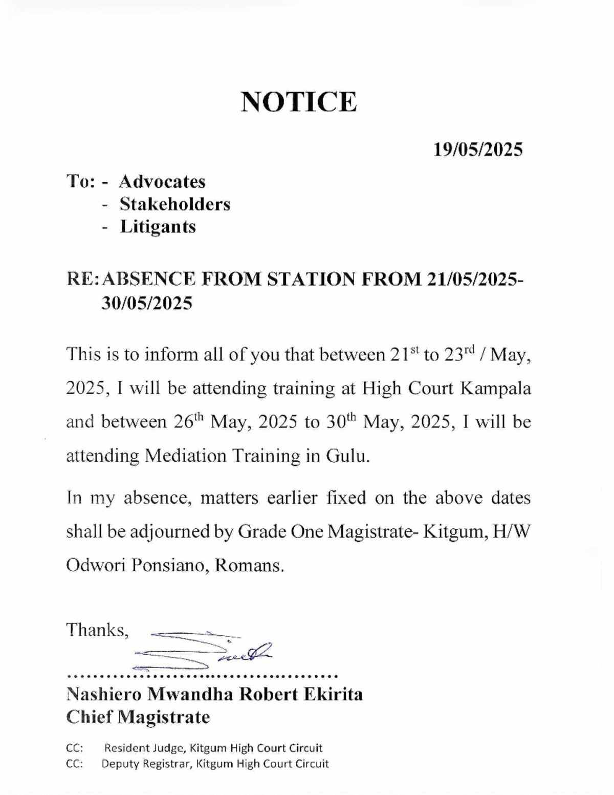 Notice of Absence: Training Schedule for Civil Procedure Practice - Studocu