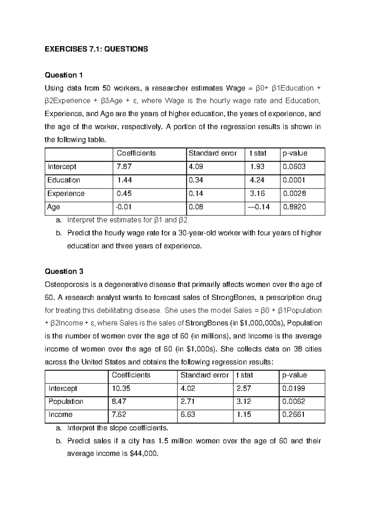 Regression Analysis Exercises for Statistical Models (Exercise 7.1 ...