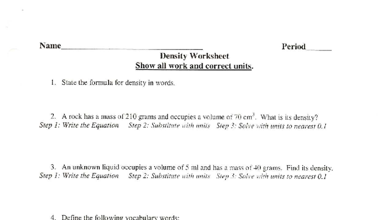 Density Worksheet (Name, Period) - Free Response & Answer Key - Studocu