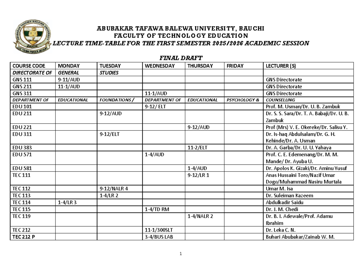 FTE 2025-2026 First Semester Final Draft Lecture Timetable - Studocu