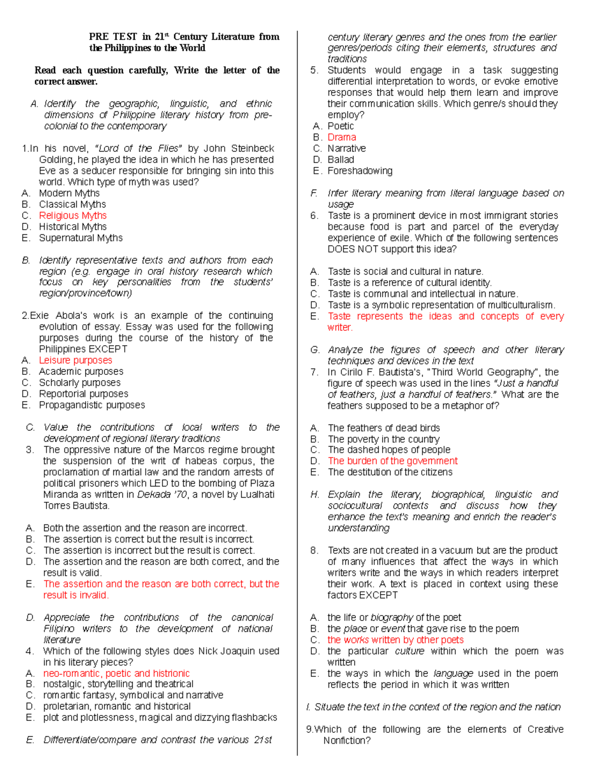 PRE TEST in 21st Century Literature from the Philippines to the World ...