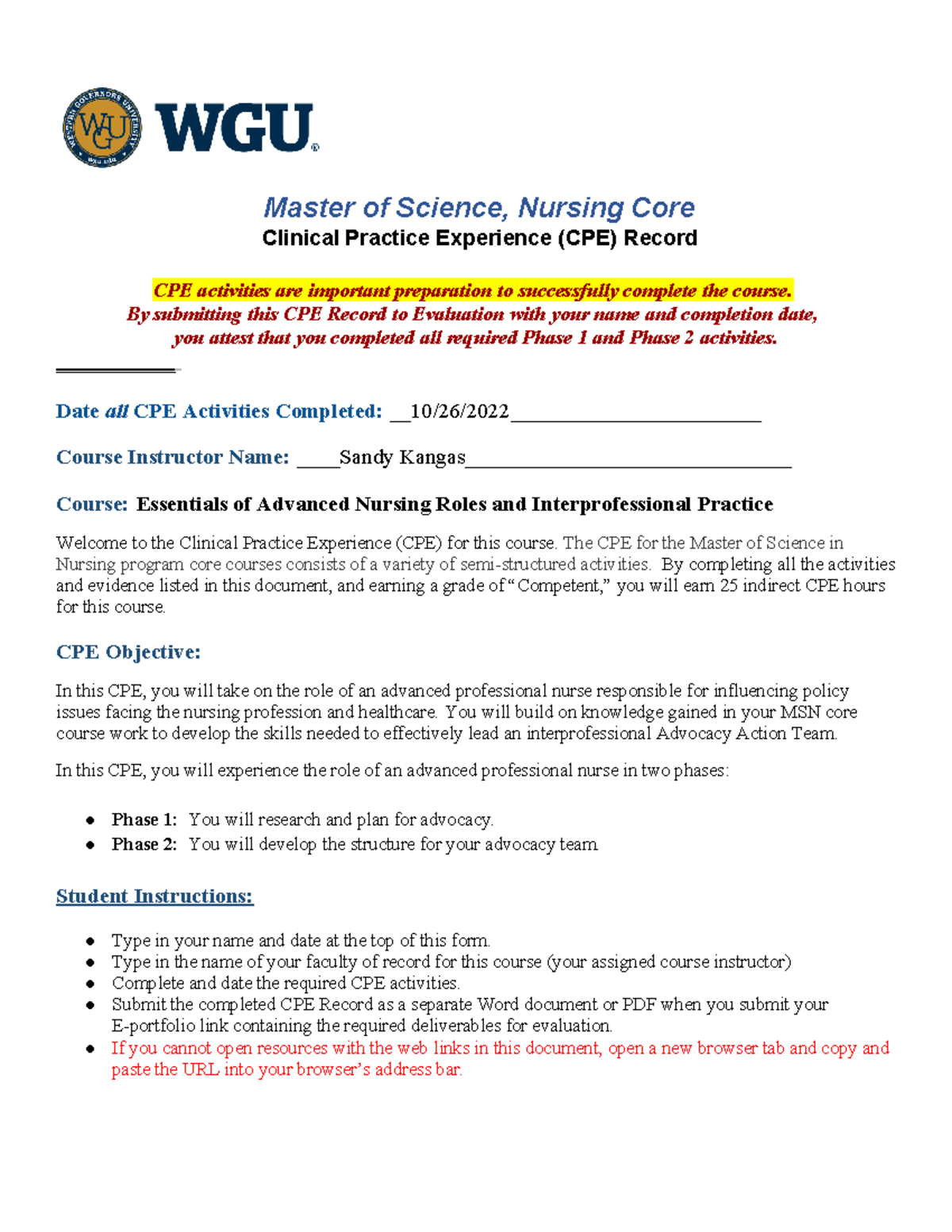 Clinical Practice Experience (CPE) Record for Adv Nursing Roles (CPE ...
