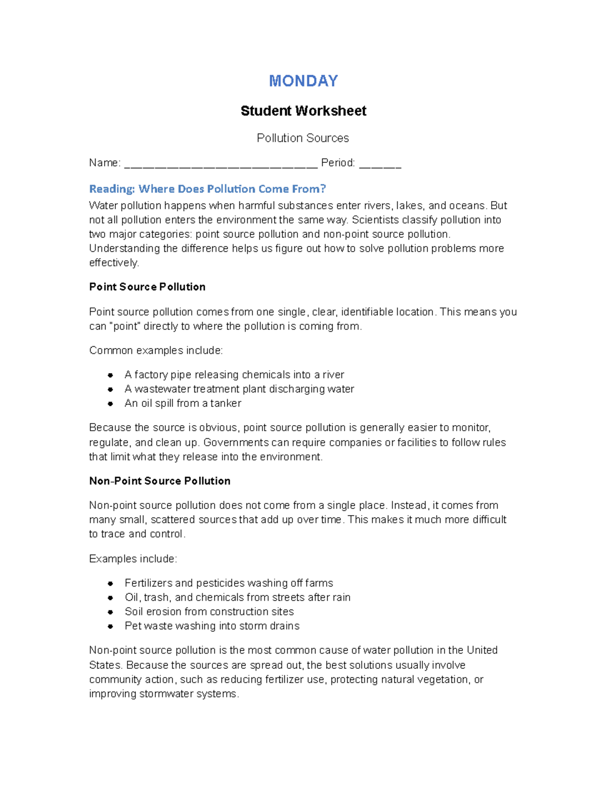 5.6 Student Worksheet: Understanding Point and Non-Point Source ...