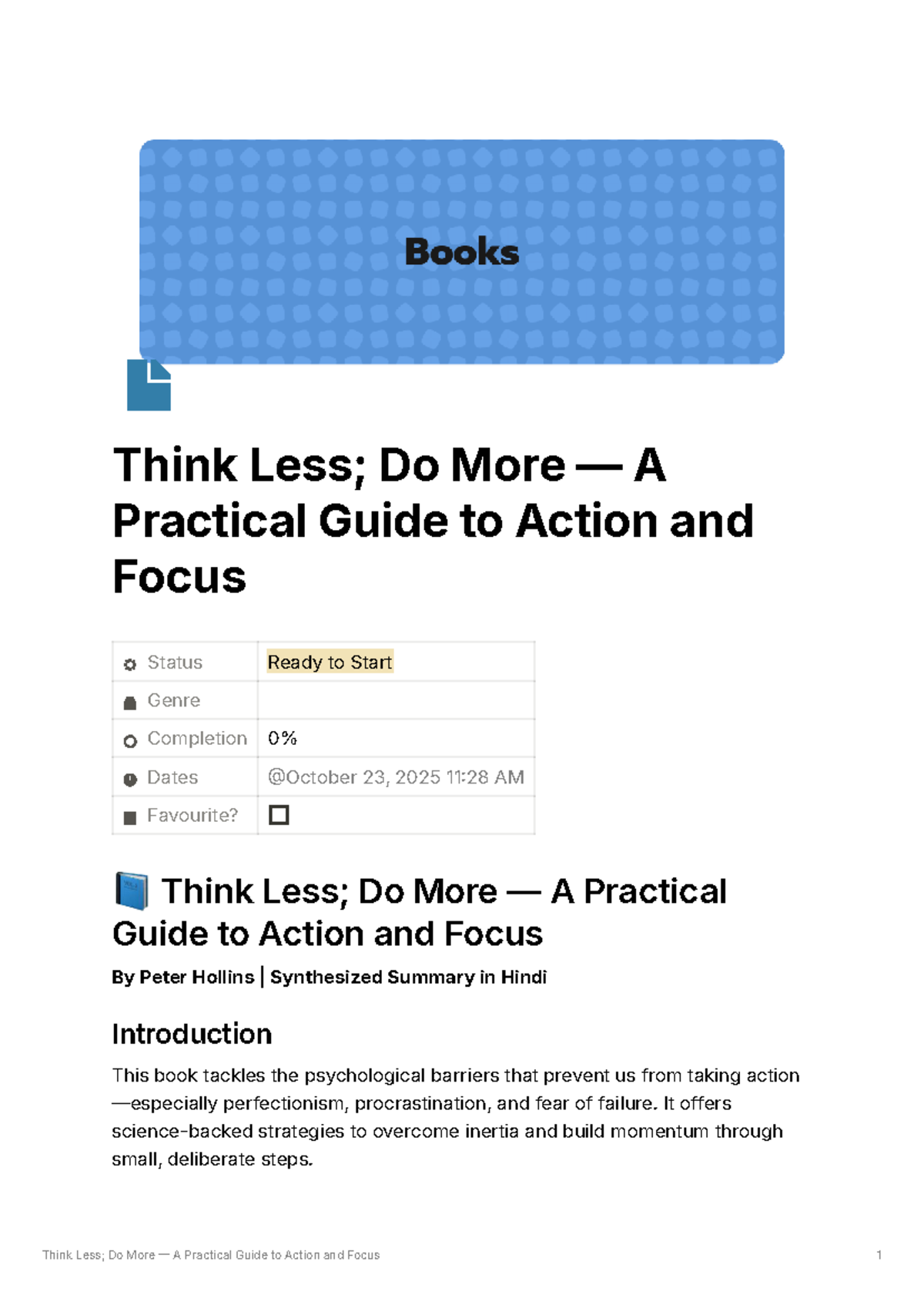 Think Less Do More: A Practical Guide to Action & Focus - Studocu