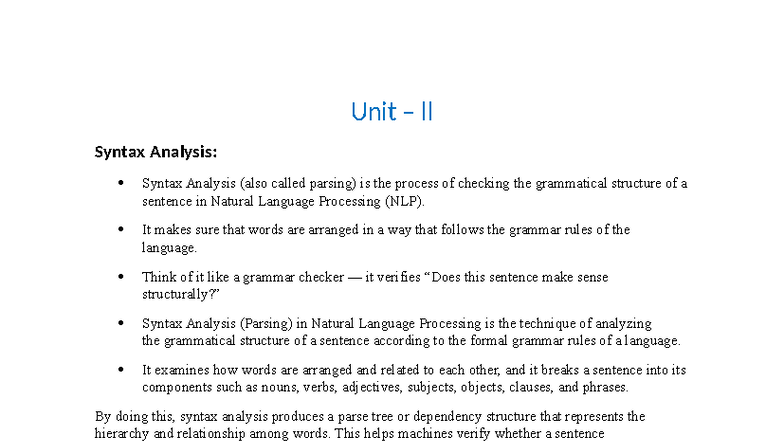 Unit 2 NLP: Syntax Analysis and Parsing Techniques for Exams - Studocu