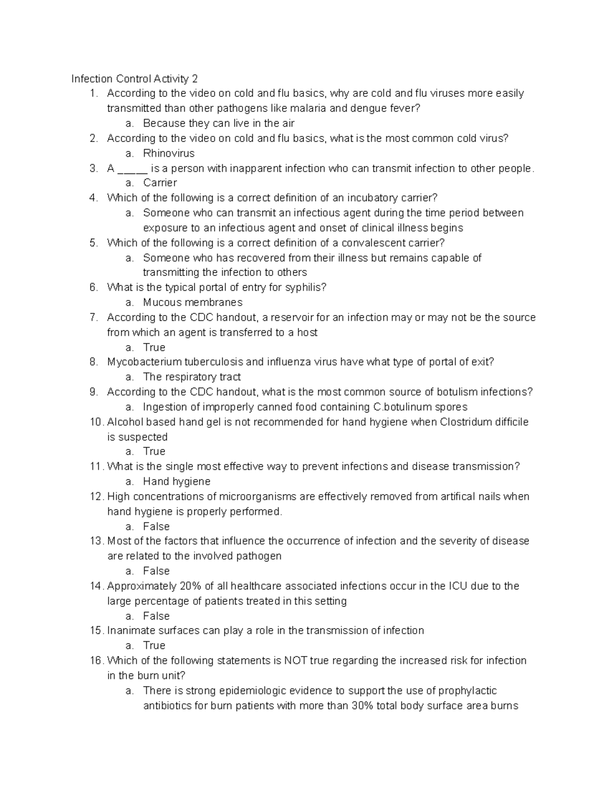 Infection Control Activity 2 - According to the video on cold and flu ...