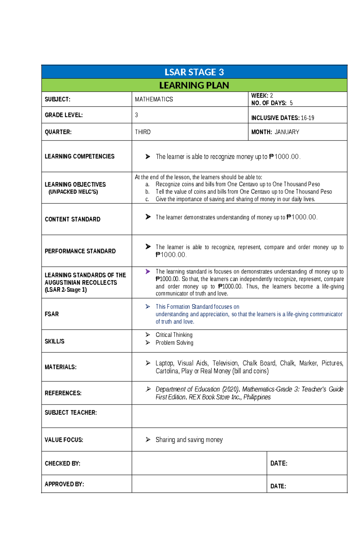 Mathematics-3-LSAR - LSAR - LSAR STAGE 3 LEARNING PLAN ####### SUBJECT ...