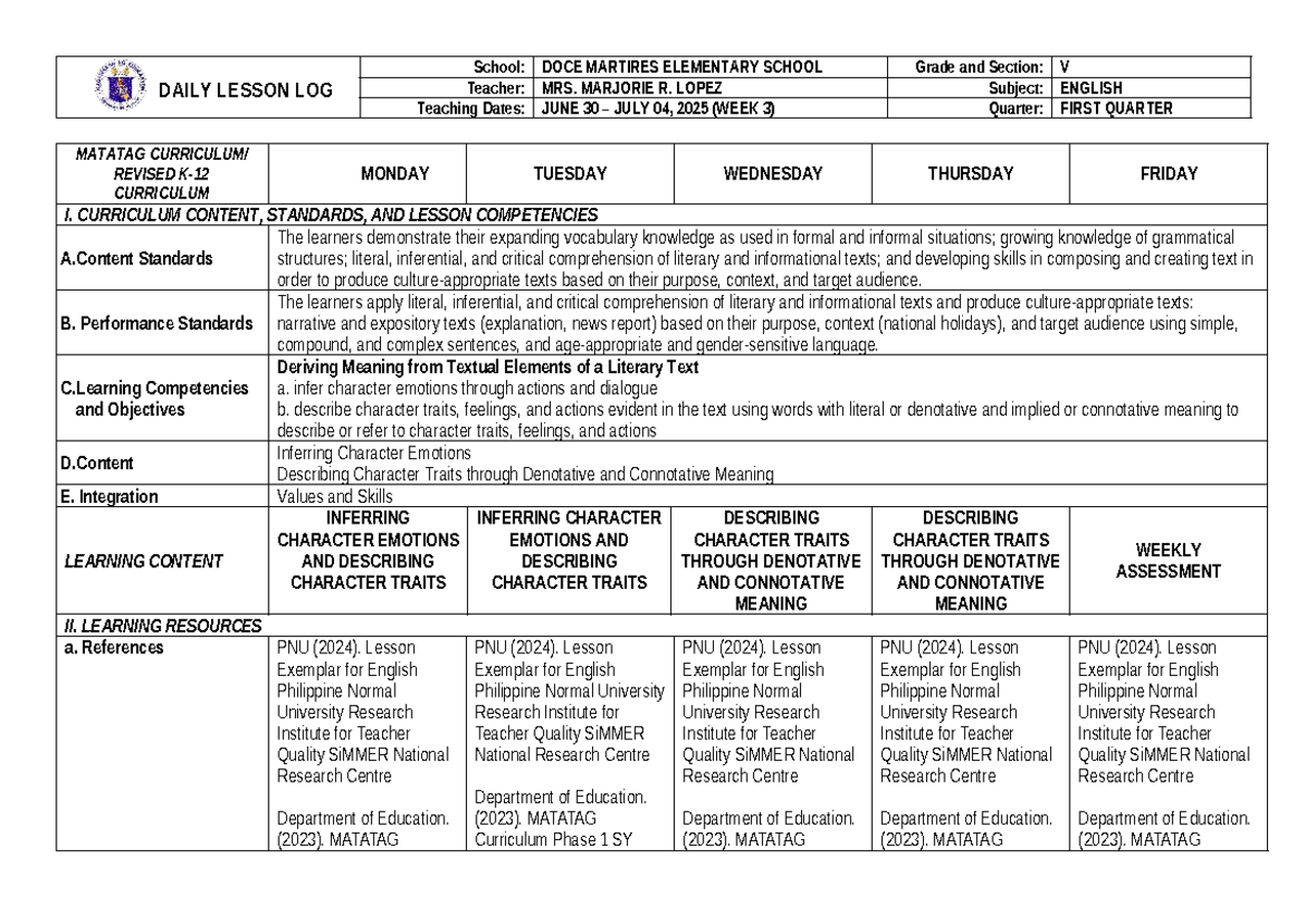 G5 Q1 W3 Daily Lesson Log: English (Matatag Curriculum) - Studocu