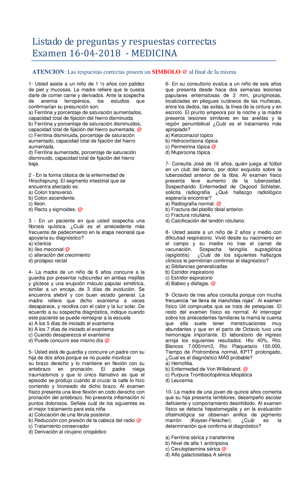 Medicina-2018 - Preguntas y respuestas - Listado de preguntas y respuestas correctas Examen ...