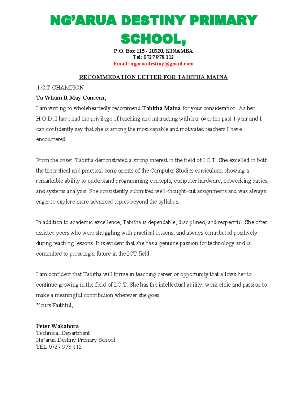 Recommendation Letter for Tabitha Maina - I.C.T Champion - Studocu