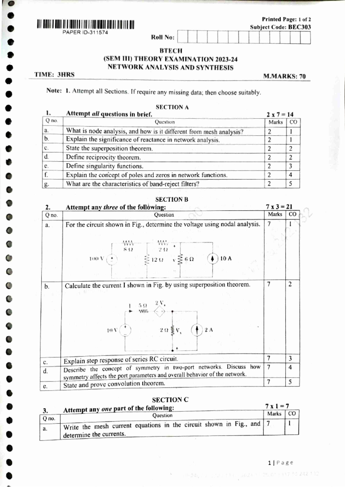 BEC303 Network Analysis & Synthesis: Previous Year Question Papers ...