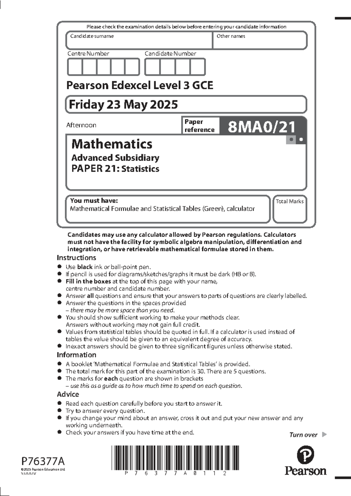 Mathematics Advanced Subsidiary Exam Paper 21: Statistics - May 2025 ...