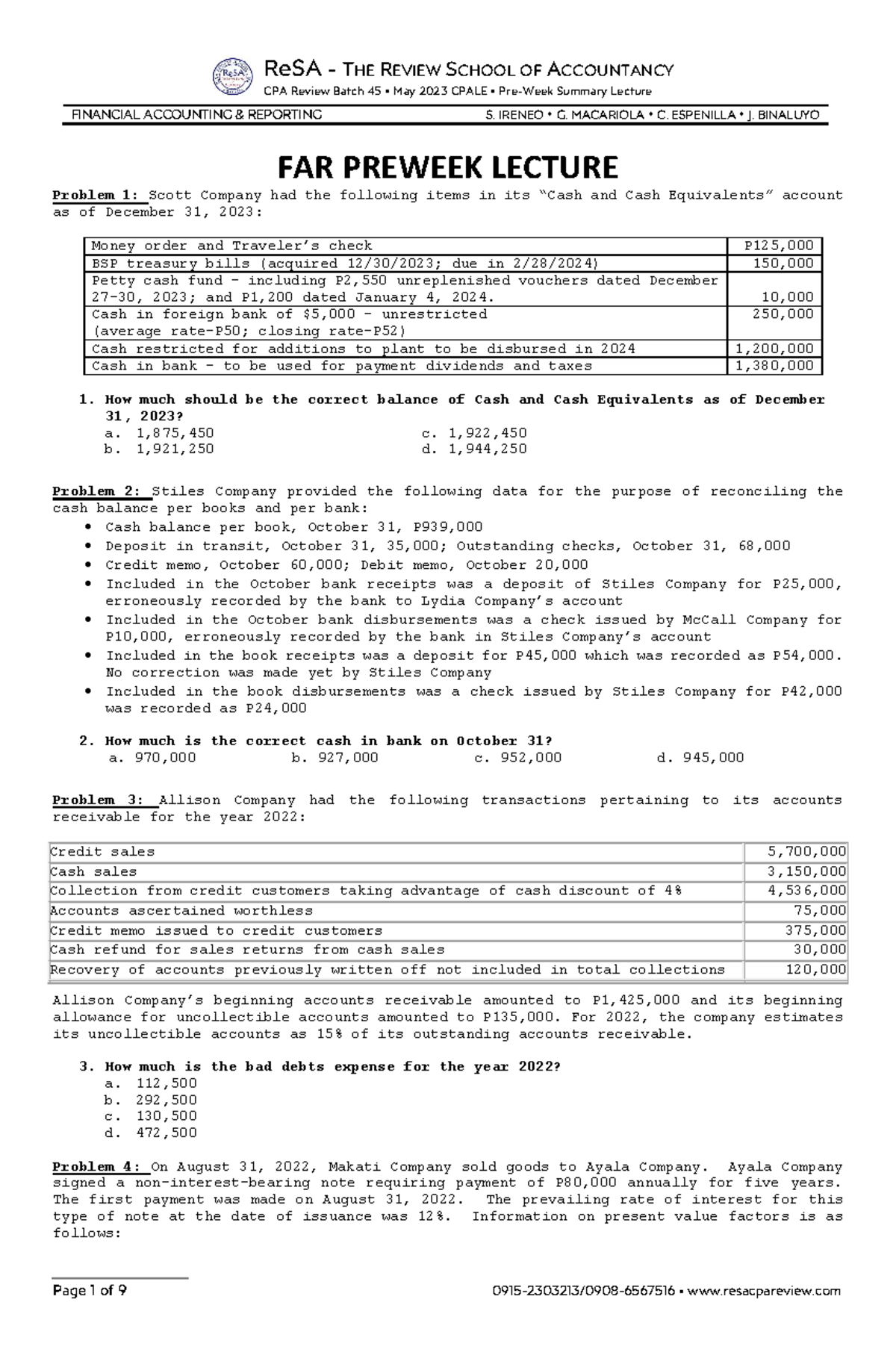 RESA 45 FAR Preweek Summary Lecture: Key Problems & Solutions - Studocu