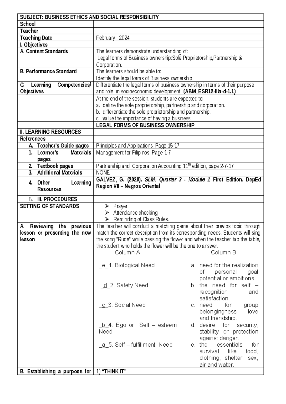 LP-SHS - Lesson Plan - SUBJECT: BUSINESS ETHICS AND SOCIAL ...