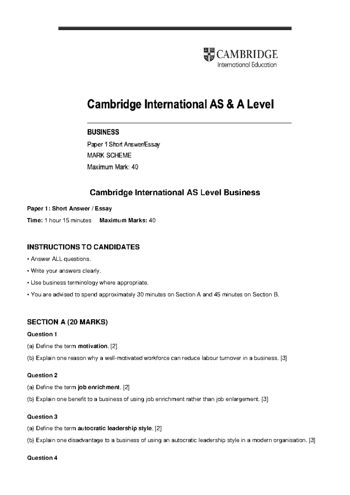 AS Level Business 9609 Paper 1: Motivation & Leadership Insights - Studocu