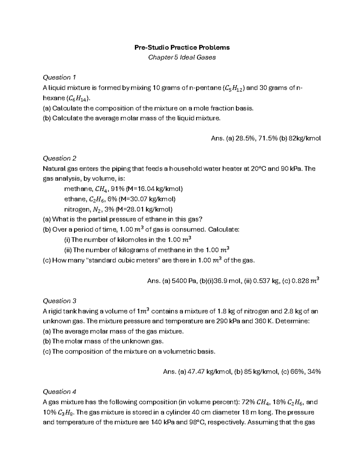 Pre-Studio Practice Problems 5: Ideal Gases Analysis and Solutions ...