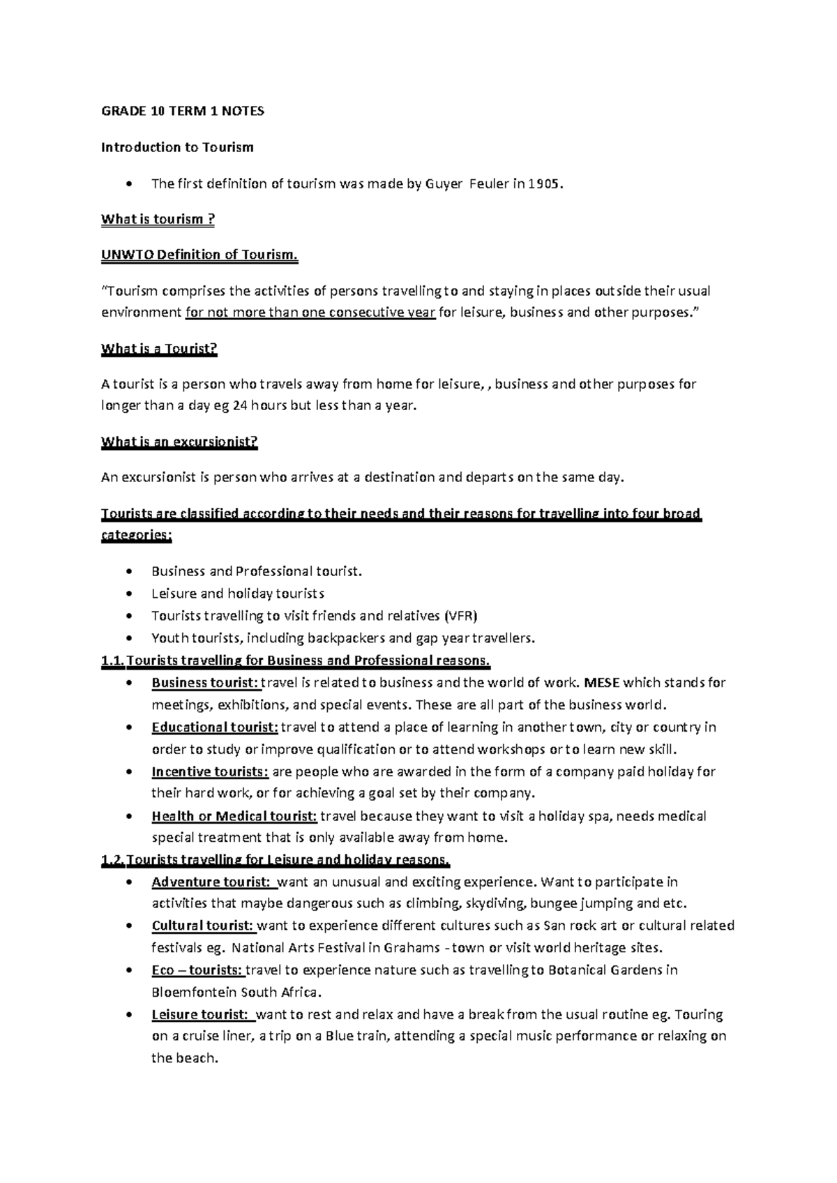 G10 Tourism Notes: Understanding Key Concepts and Terminology - Studocu